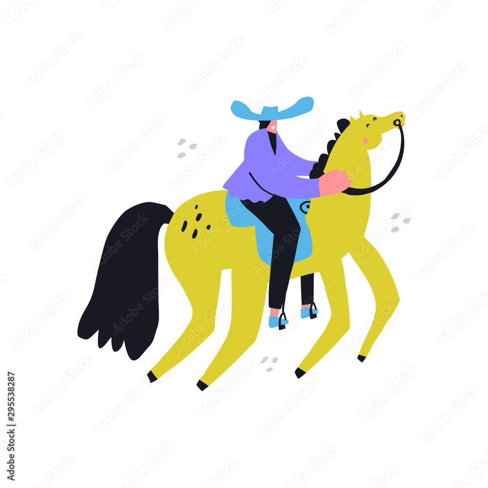 Man riding horse flat hand drawn illustration. Cowboy on horseback ...