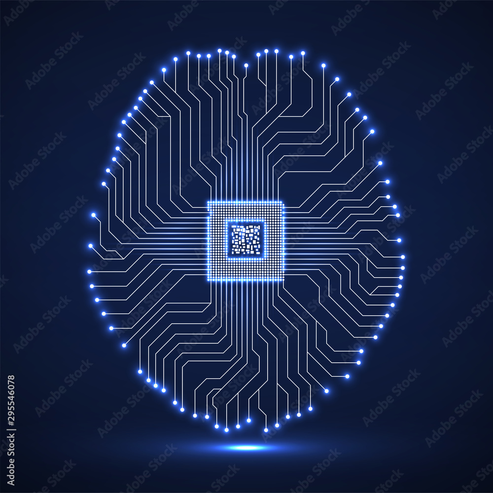 Abstract neon technological brain, artificial intelligence with cpu ...
