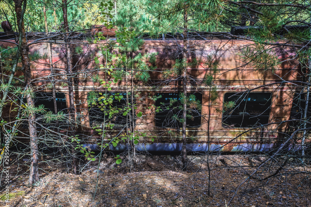 Old train near Yaniv railway station near Pripyat city located in ...