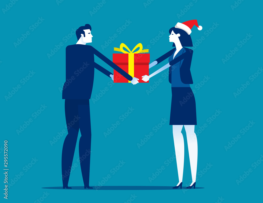 Boss giving gift box to employee. Corporate work Christmas and New Year ...
