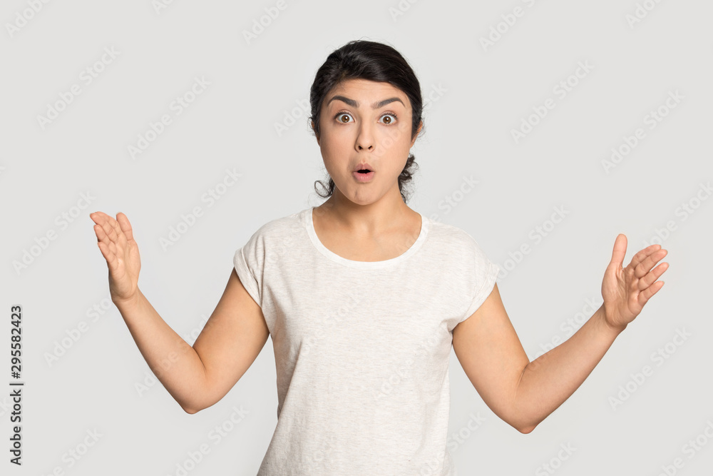 Shocked indian girl show big size measurement by hands Stock Photo ...