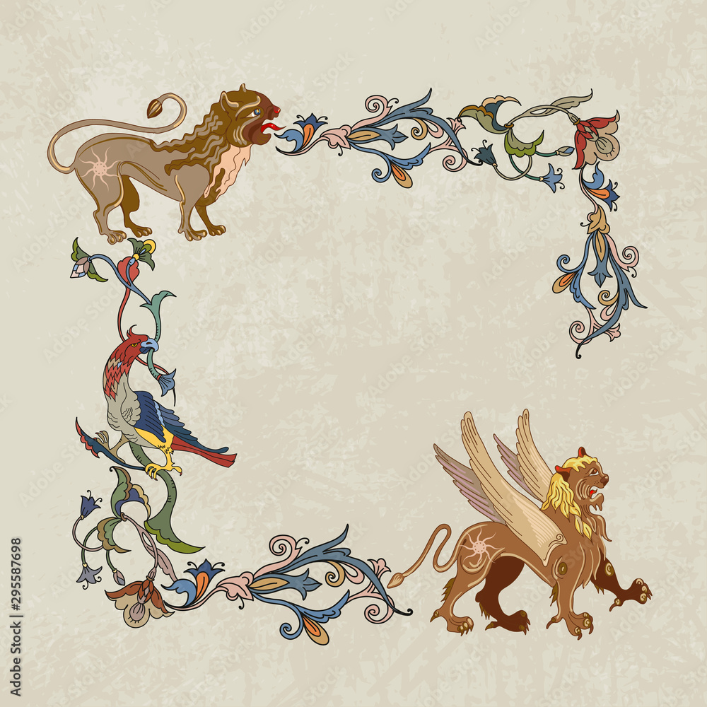 Medieval frame. Mythical creatures of the Renaissance era. Elegant ...
