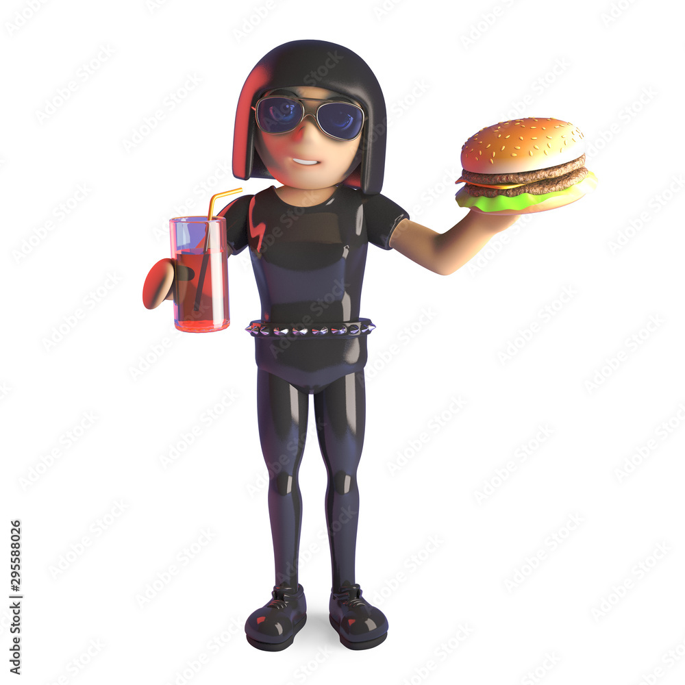 3d cartoon goth girl in latex catsuit eating a cheeseburger and ...