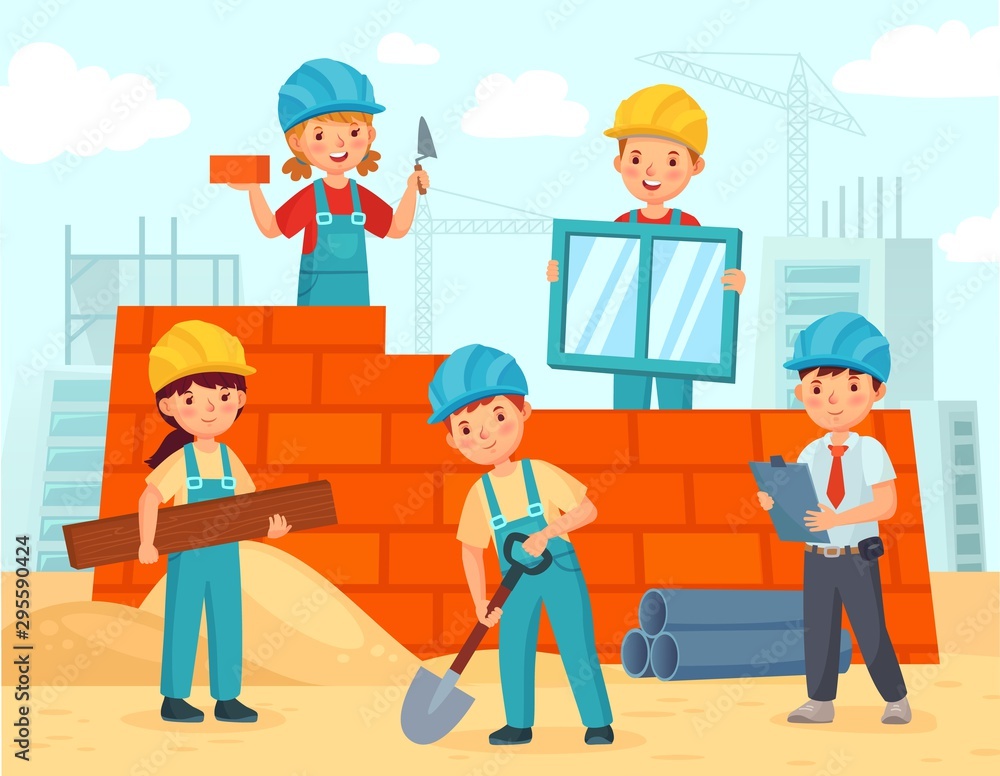 Kids build construction. Little workers in helmets build building from ...