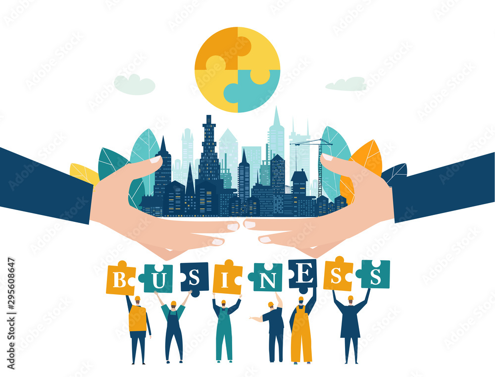 People building the city. City background with building cranes and team ...