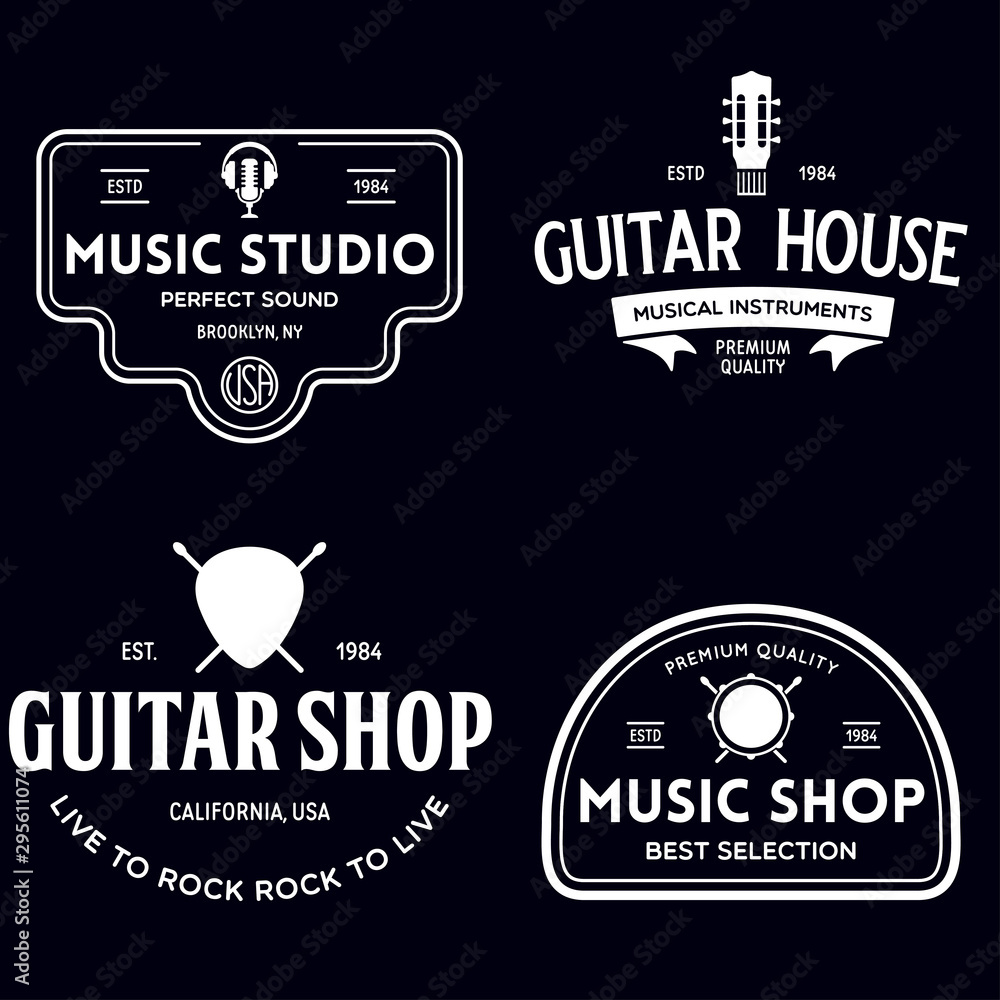 Set of vintage logo, badge, emblem for music shop, guitar shop. Music ...