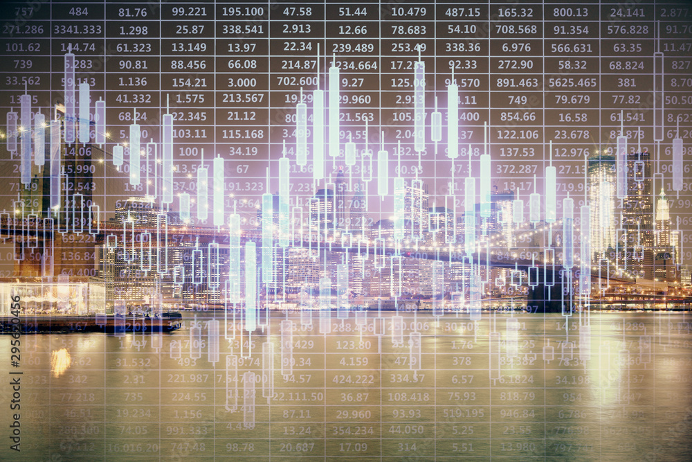 Financial chart on city scape with tall buildings background multi ...