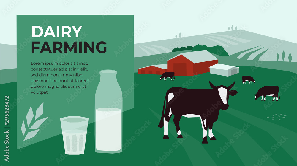 Vector illustration for dairy farming with cow in pasture. Design with ...