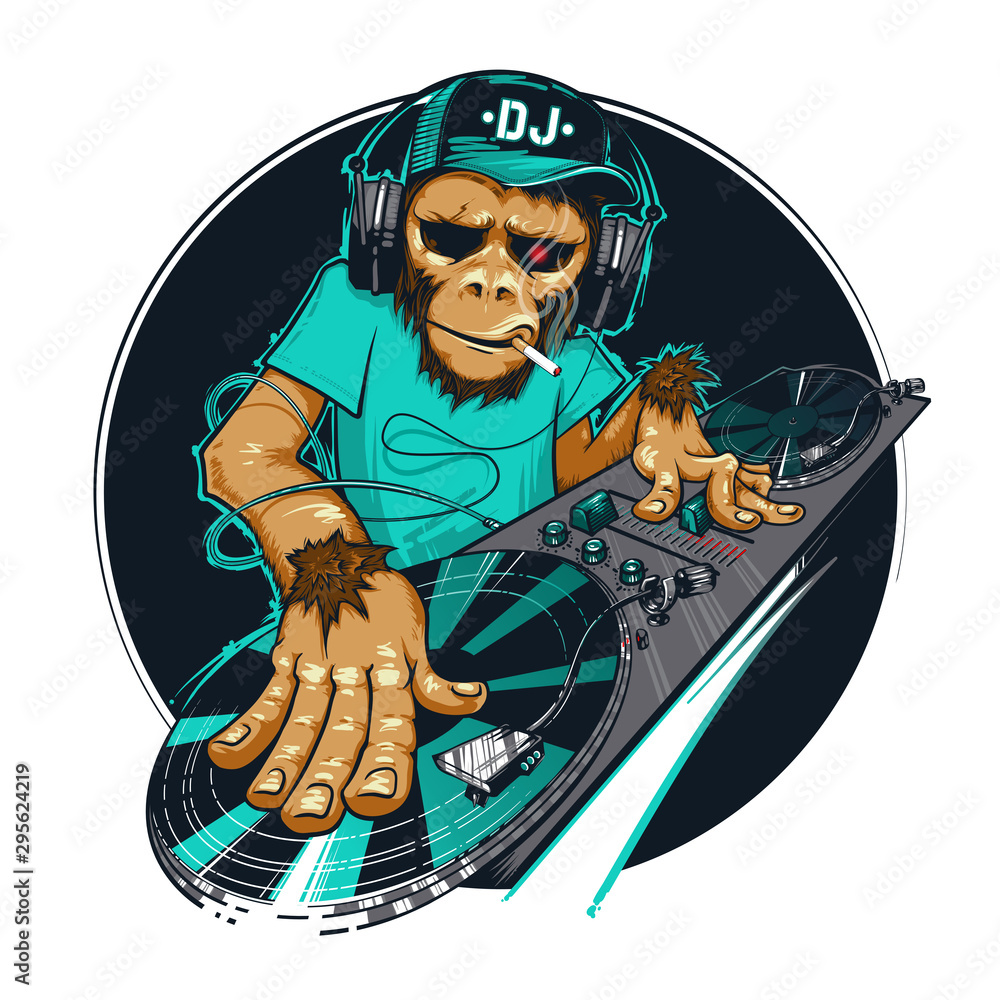 Monkey DJ wearing headphones and scratching a record on the turntable ...