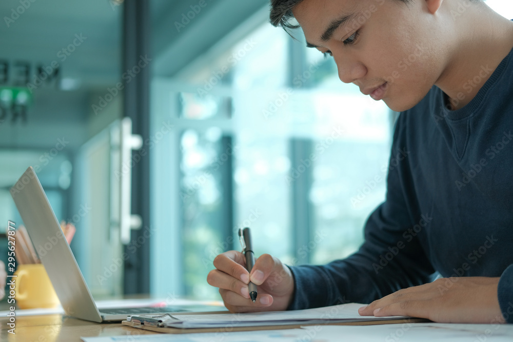 applicant fill out application form. man signing contract agreement ...