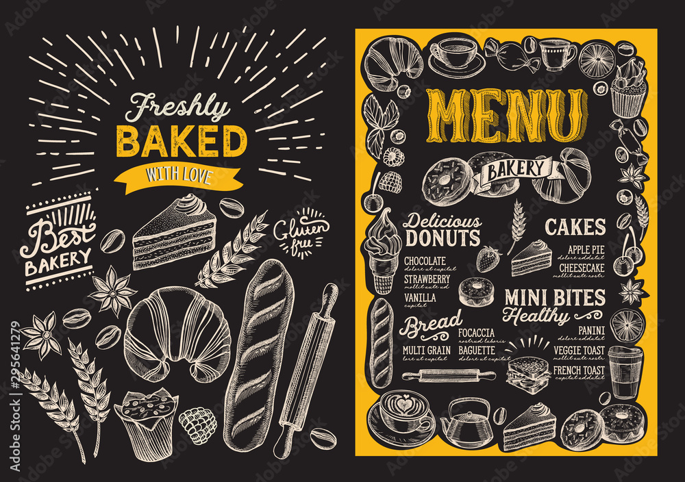 Bakery menu food template for restaurant with doodle hand-drawn graphic ...