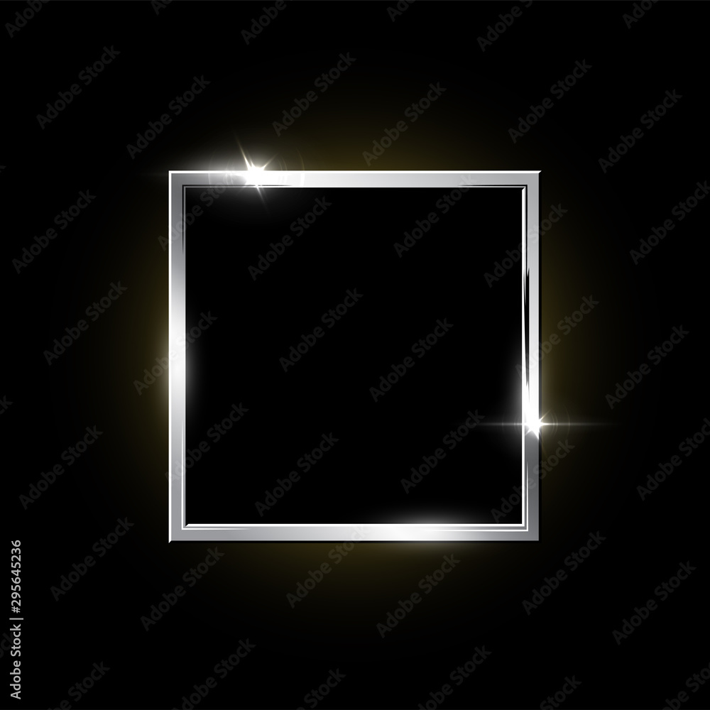 Silver square frame isolated on black background. Vector design element ...