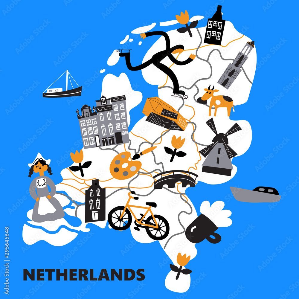 Stylized map of Netherlands with different Netherlands symbols. Stock ...