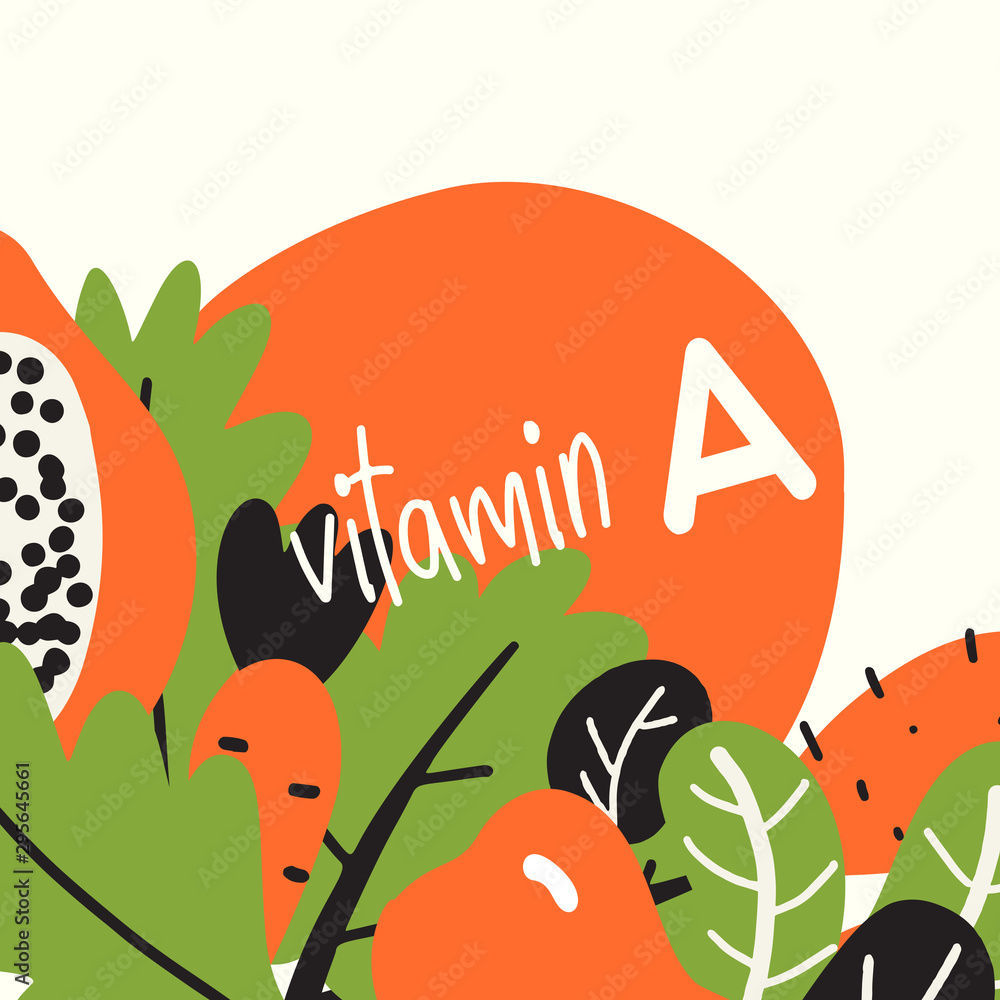 Vitamin A. Vector illustration with fruits and vegetablesfull of ...