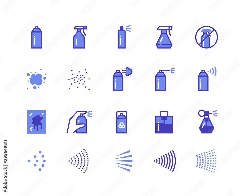 Spray line icons. Cleaning and painting spray flat symbols for labels ...