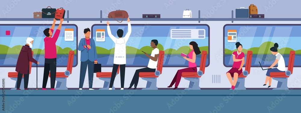 People in train. Public transport modern interior with different male ...