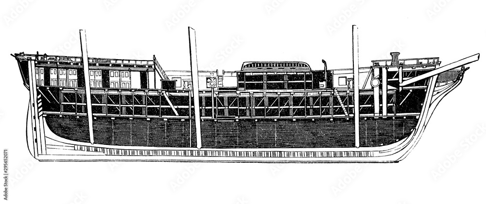 Naval architecture: longitudinal section of a wooden freighter, bulky ...