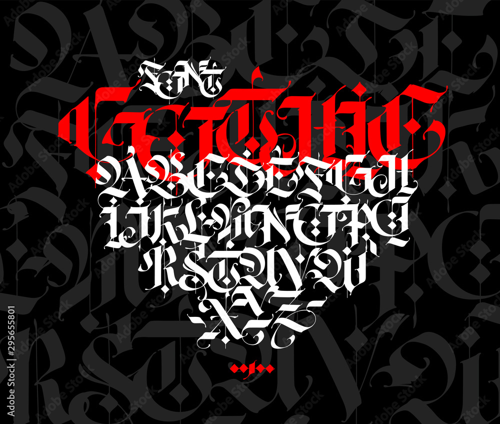 Gothic style alphabet. Letters and symbols on a black background ...