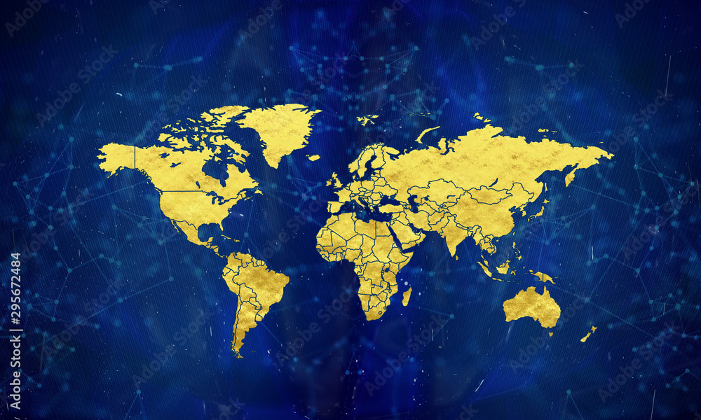 World map in gold wrap. Map in gold. World map on blue abstract ...