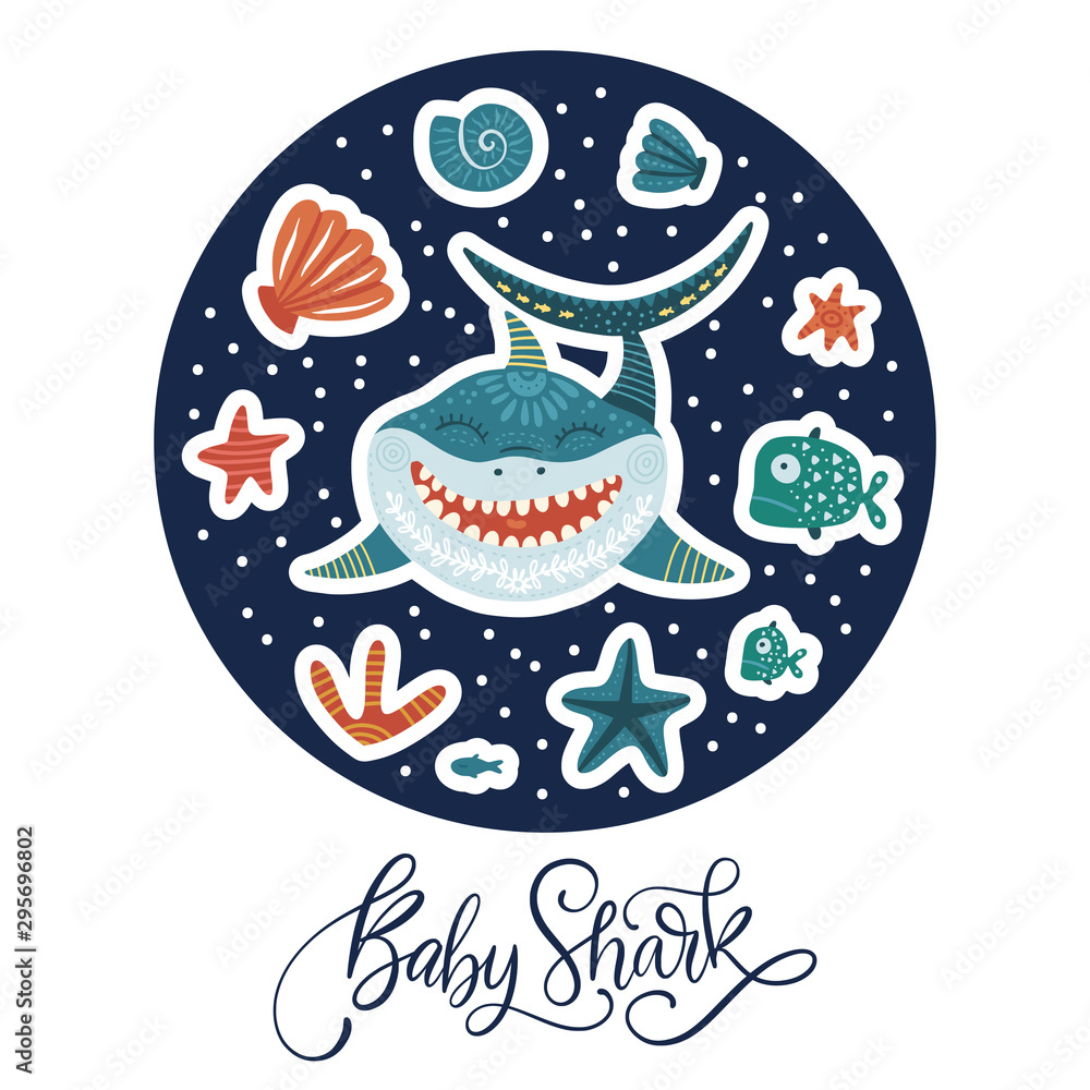 Cartoon Vector Shark Illustration. Baby shark cute design with sea ...