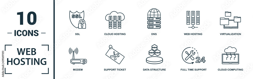 Web Hosting icon set. Include creative elements data structure, cloud ...