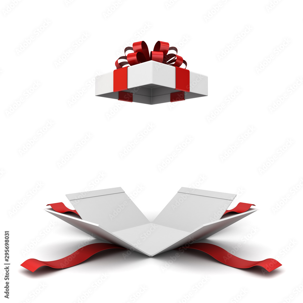 Present box or blank gift box with red ribbon and bow open isolated on ...