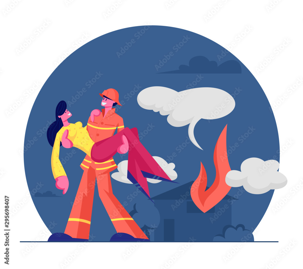 Fireman Saving Girl from Fire. Strong Firefighter in Protective Costume ...
