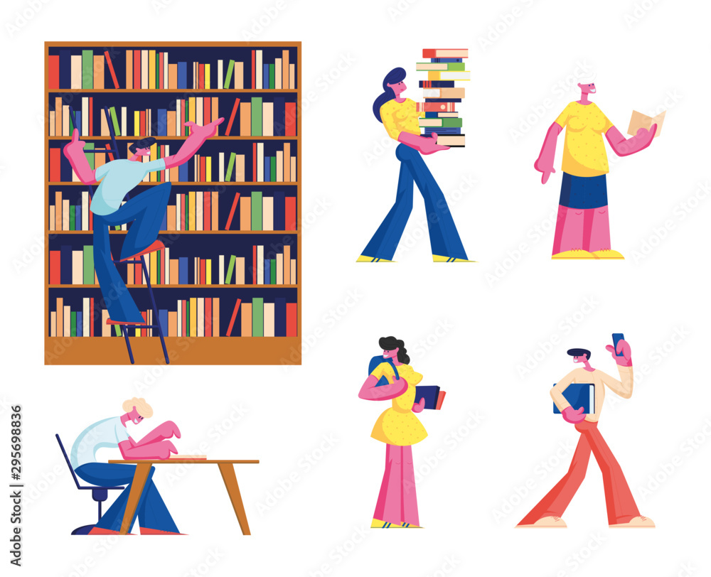 Set of Young and Senior People Reading in Library. Women and Men ...