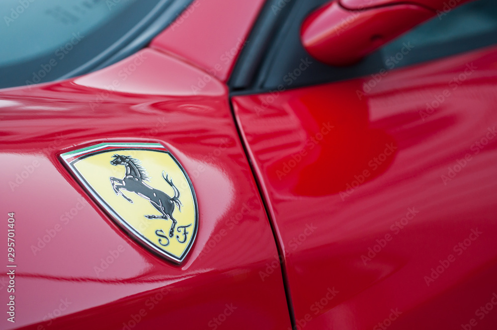 Mulhouse - France - 13 October 2019 - Closeup of Ferrari logo on red ...