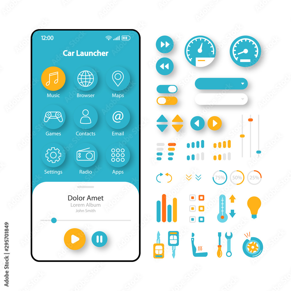 Car launcher smartphone interface vector template. Mobile app page blue ...