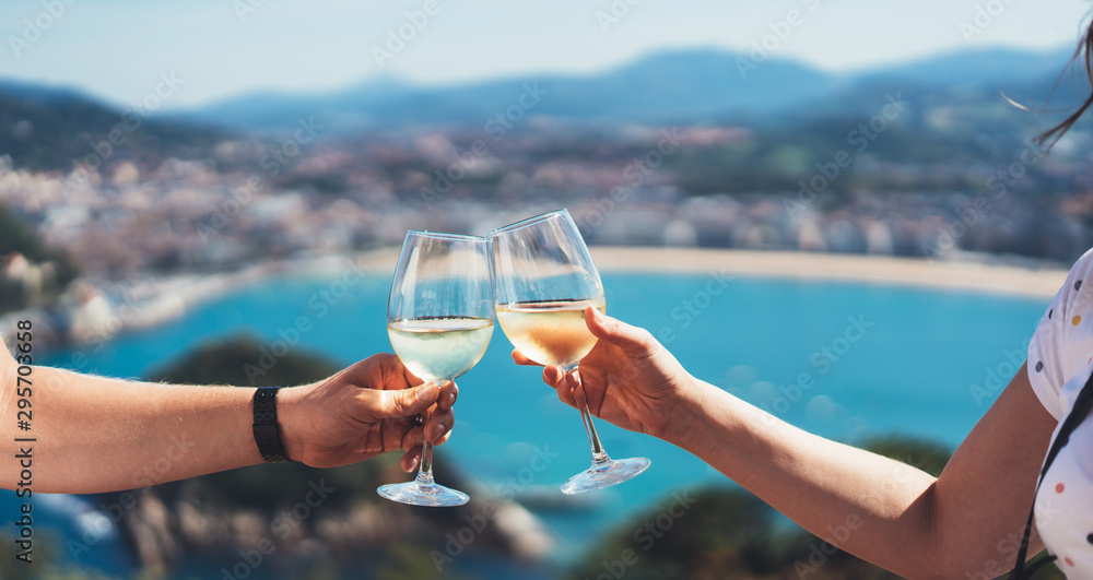 Drink two glasses white wine outdoor blue sea nature holidays, couple ...