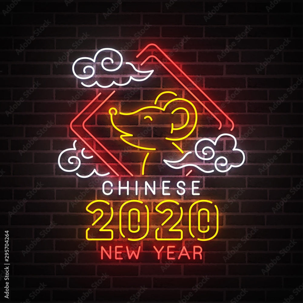 Chinese New Year neon sign, bright signboard, light banner. Chinese ...
