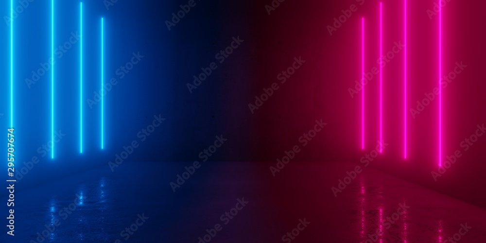 Abstract blue and red glowing neon light tubes in empty concrete room ...