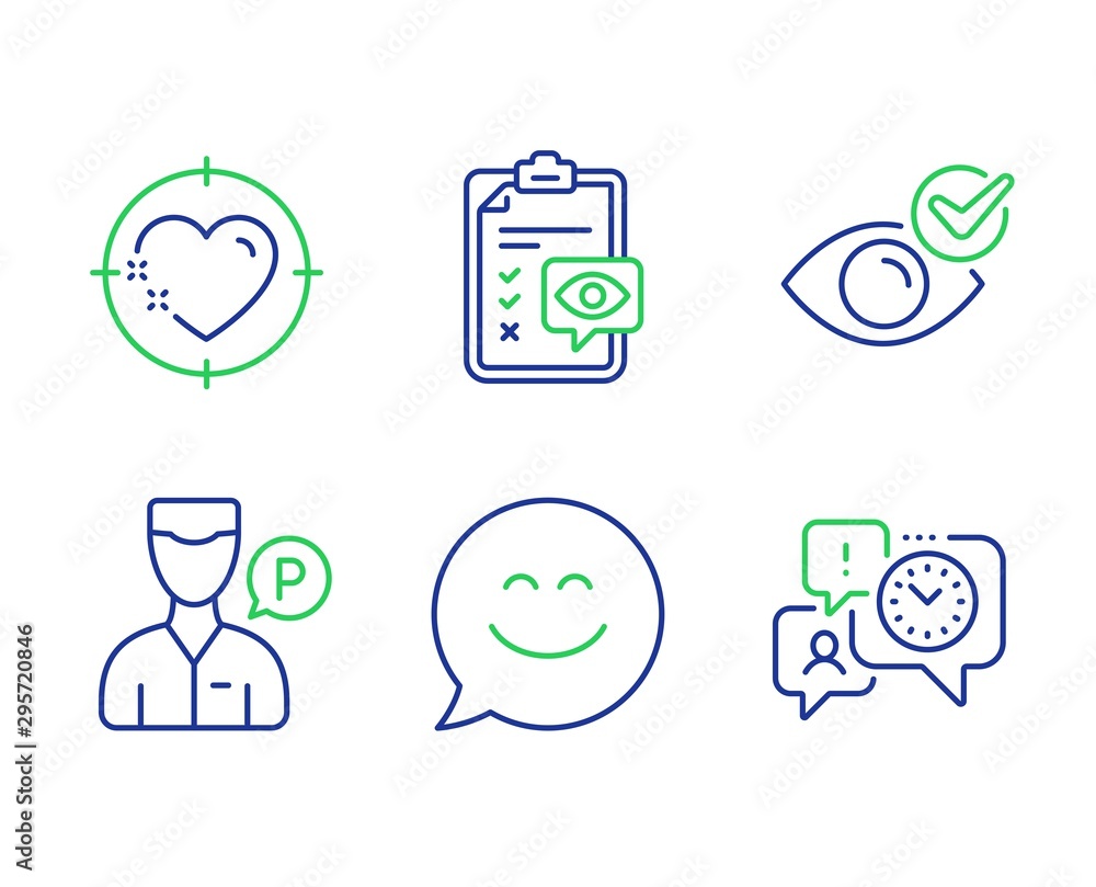 Eye checklist, Valet servant and Heart target line icons set. Check eye ...
