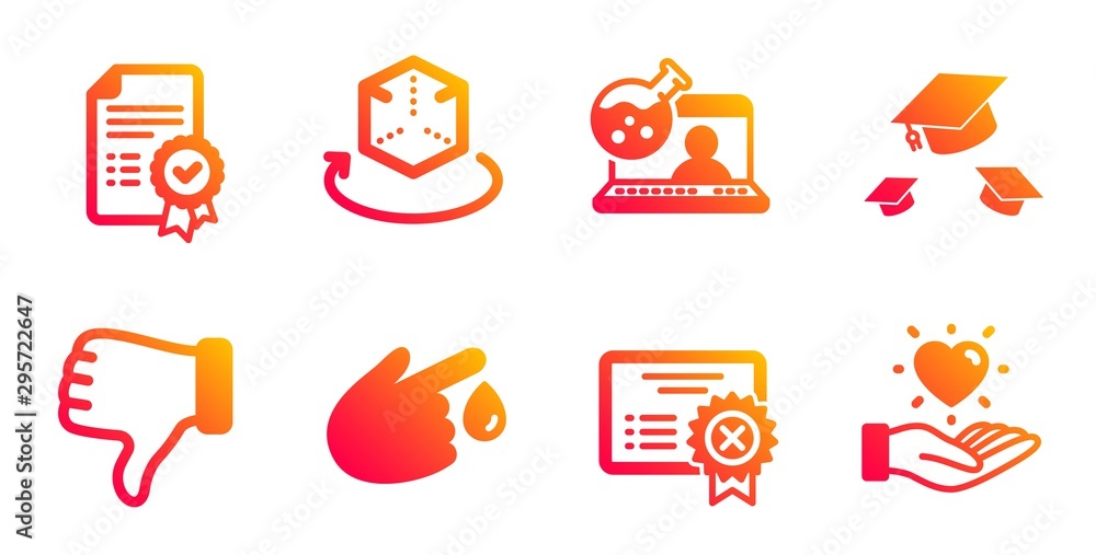 Dislike hand, Certificate and Throw hats line icons set. Augmented reality, Online chemistry and ...