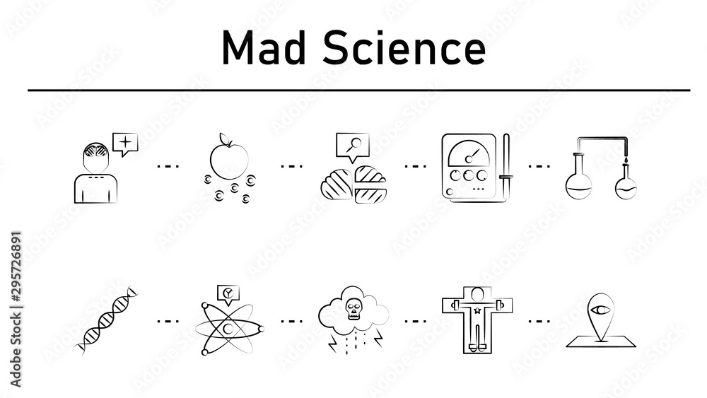 Mad science simple concept icons set. Contains such icons as ...