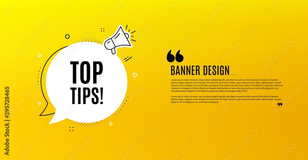 Top tips symbol. Yellow banner with chat bubble. Education faq sign ...