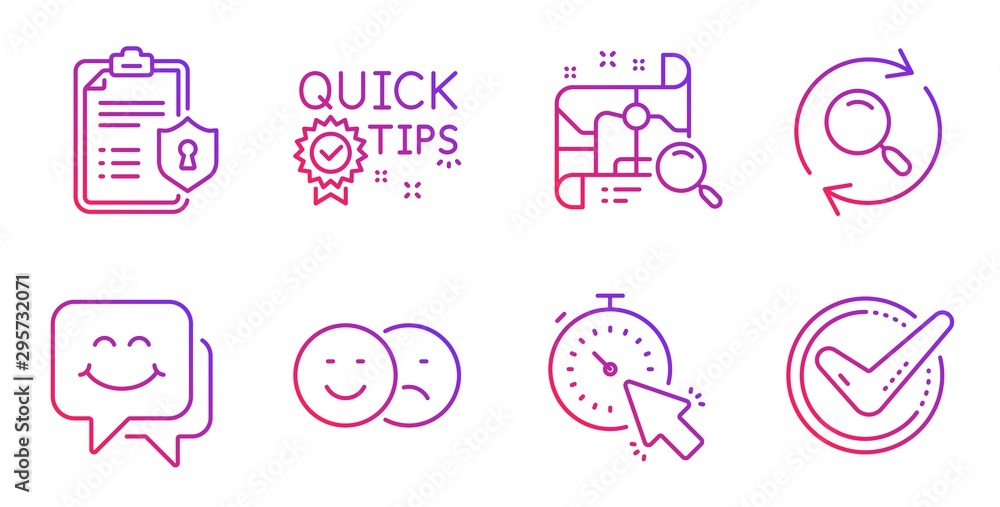 Timer, Privacy policy and Like line icons set. Search map, Search and ...