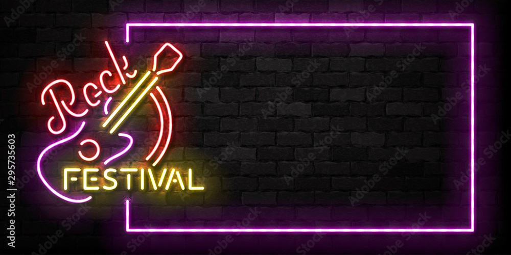 Vector realistic isolated neon sign of Rock Festival frame logo for ...