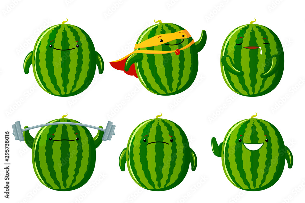 Set cute Watermelon characters. Kawaii fruit vector characters isolated ...