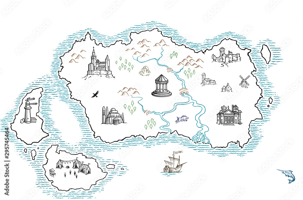 Treasure fantasy map with handmade drawings. Illustration lines with ...