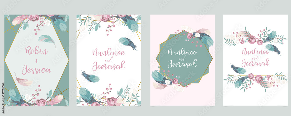 Pink green gold geometry wedding invitation with rose,flower and leaves.Vector birthday ...