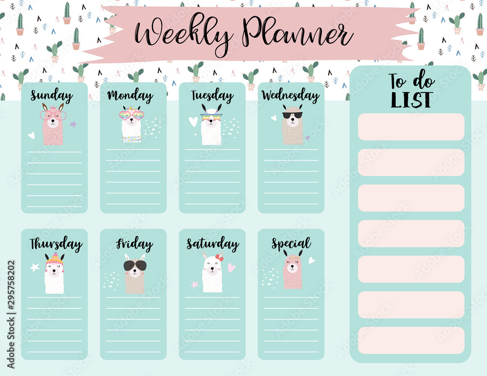 cute weekly planner background with llama,cactus.Vector illustration ...