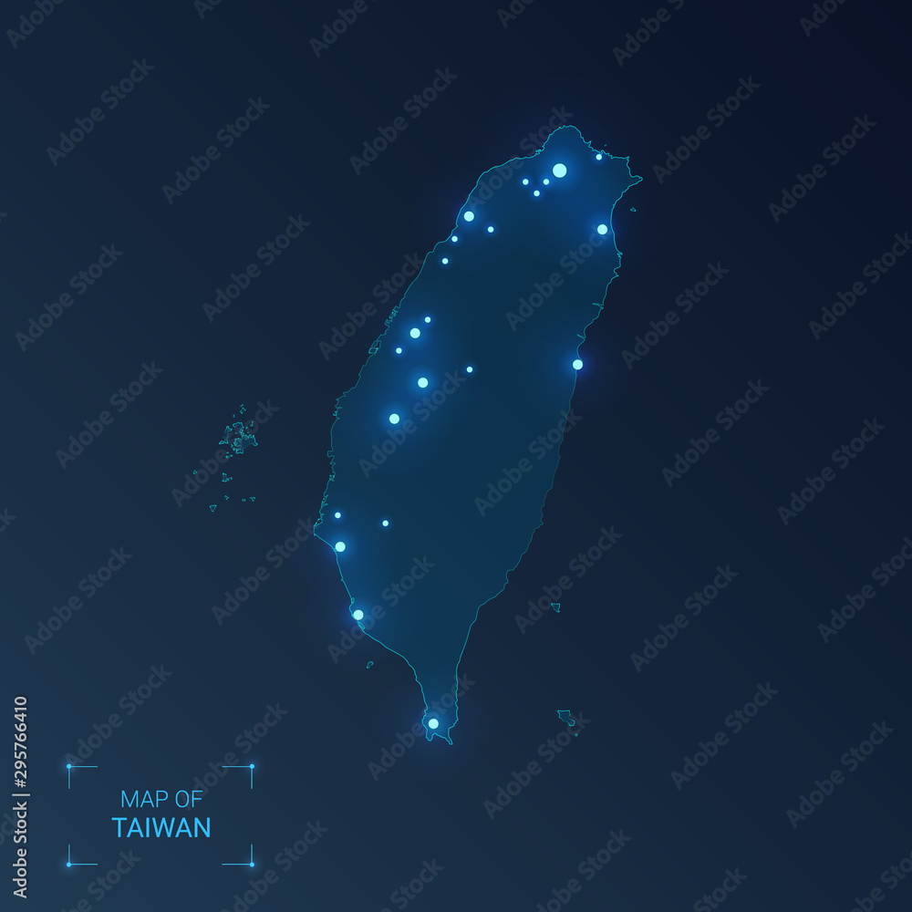 Taiwan map with cities. Luminous dots - neon lights on dark background ...
