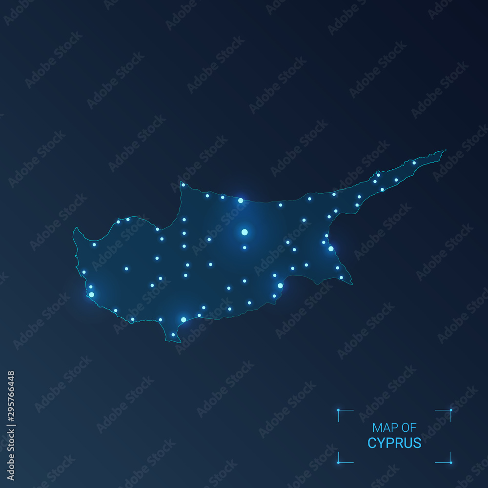 Cyprus map with cities. Luminous dots - neon lights on dark background ...