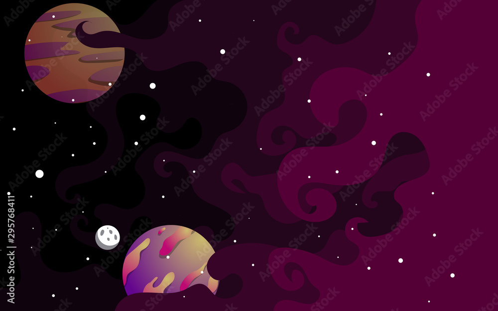 Vector space background . Cute flat style template with Stars Planet ...