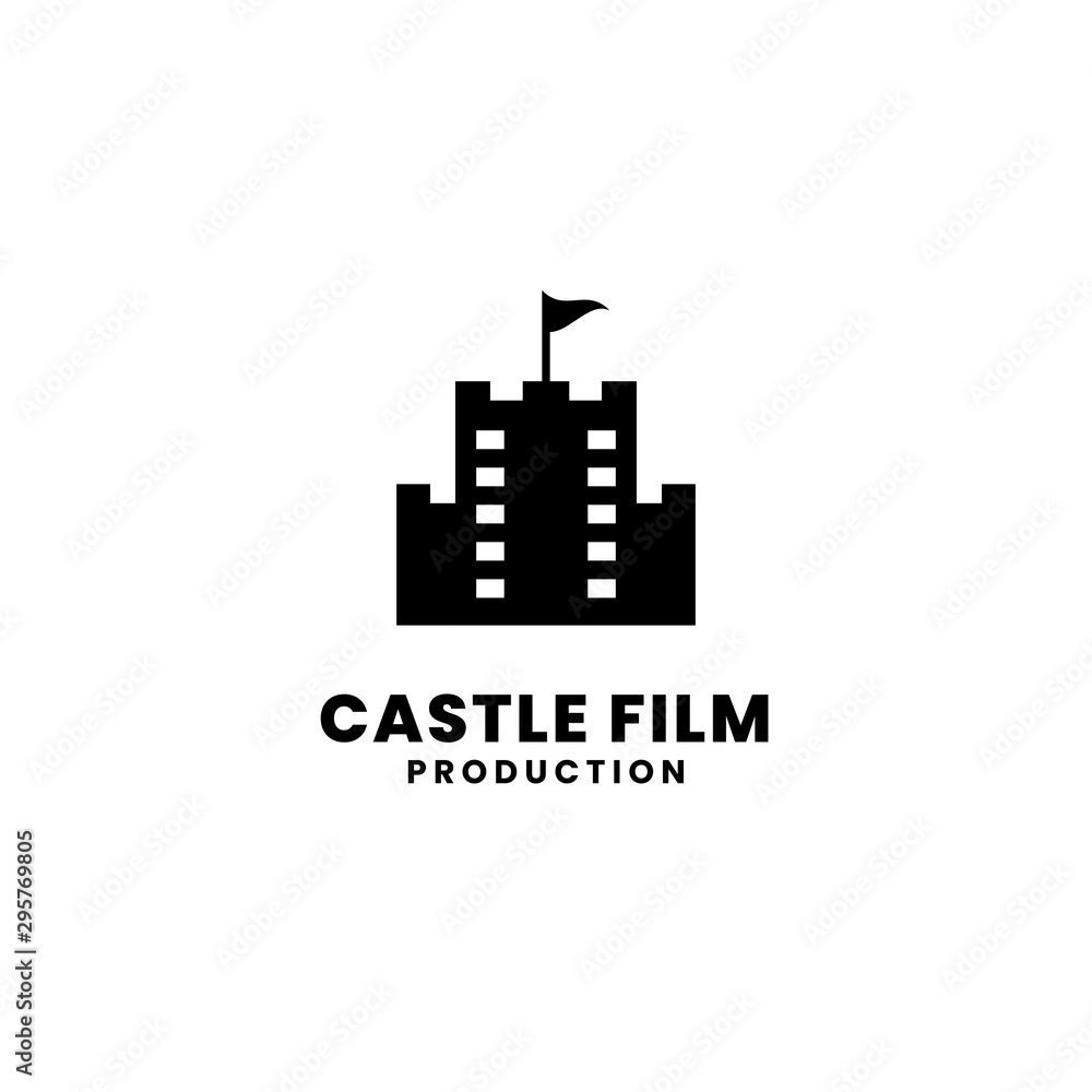 Movie castle tower film strip logo design. Vector illustration for ...