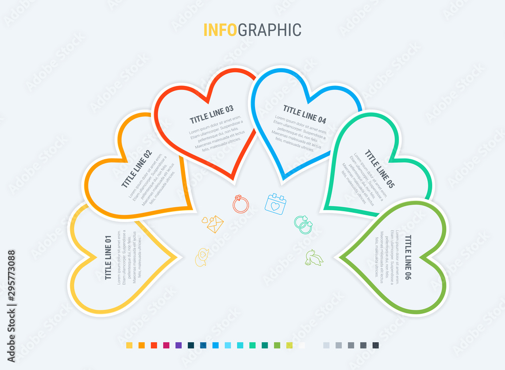 Colorful diagram, heart infographic template. Timeline with 6 hearts ...