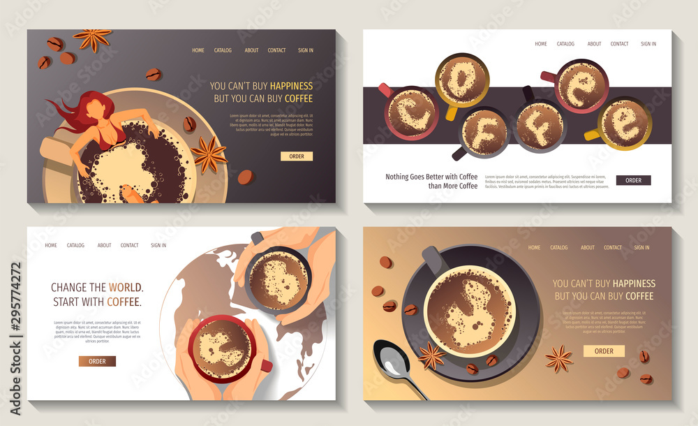 Set of Web page design templates for coffee lovers, cafe bar, coffee ...