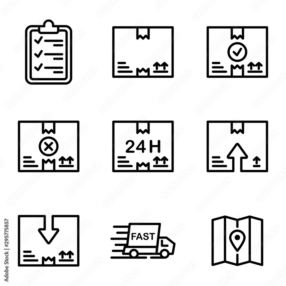Delivery icon set outline style including checklist, clipboard, note ...